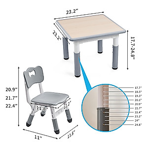 UNICOO - Kids Height Adjustable Three Piece Study Table and 2 Chairs Set, Plastic, Children Art Table with 2 Seats, Multipurpose Activity Table for Kids 2-10 Years Old (Maple Top with Grey Border)