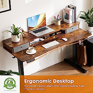 Sweetcrispy Electric Standing Desk Adjustable Height, 55 x 24 inch Stand up Sit Stand Desk with Drawers, Ergonomic Home Office Rising Table Computer Workstation with Storage Shelf, Rustic Brown