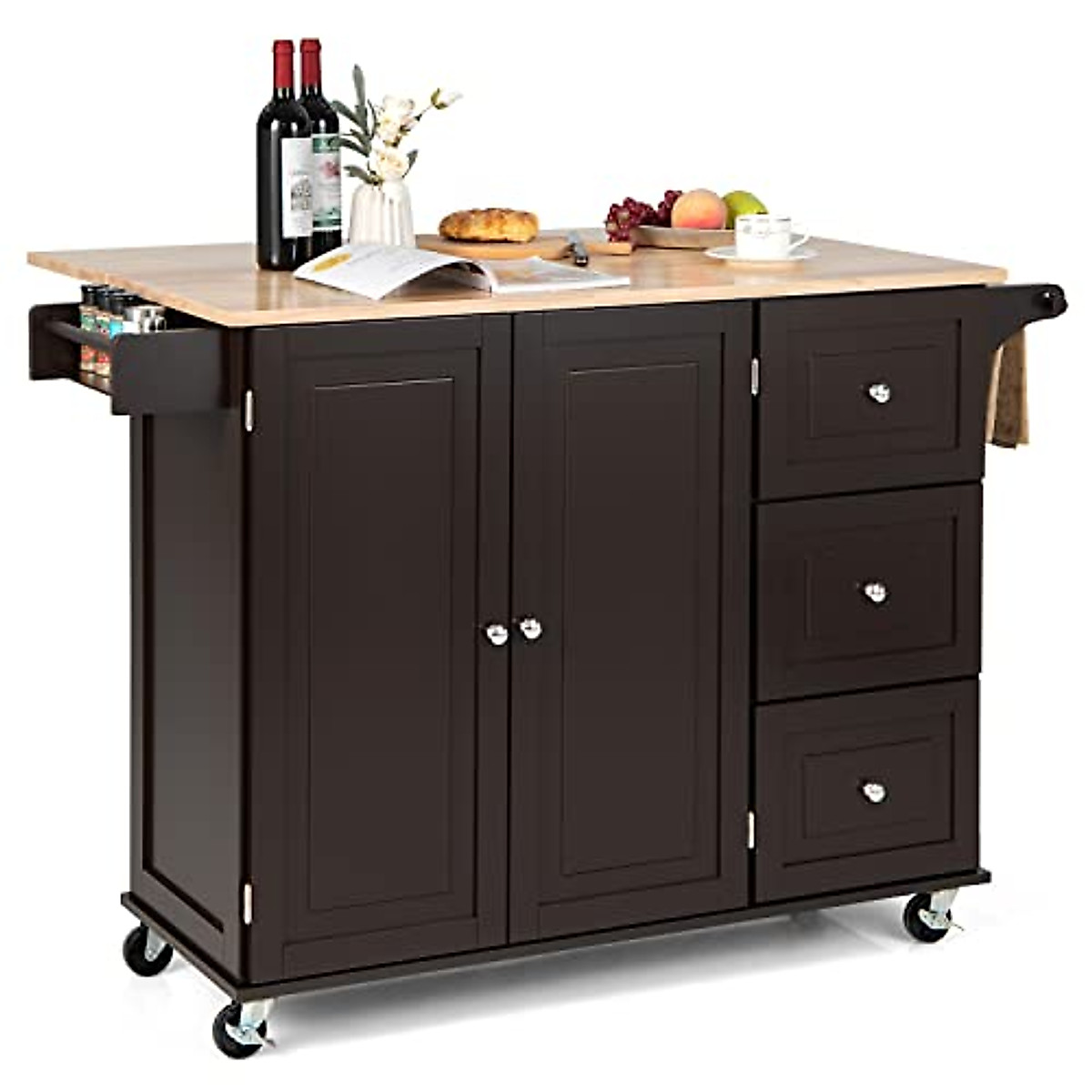 GOFLAME Kitchen Island Cart with Drop Leaf, Rolling Kitchen Cart on Wheels with Rubber Wood Top, 3 Drawers, Towel & Spice Rack, 2-Door Cabinet, Serving Trolley Cart for Kitchen Dining Room (Brown)