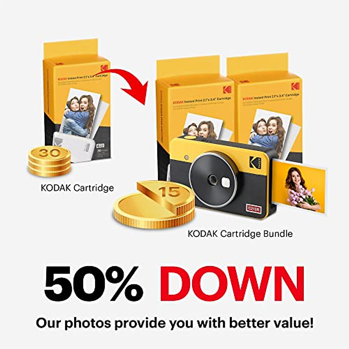 KODAK Mini Shot 2 Retro 4PASS 2-in-1 Instant Digital Camera and Photo Printer (2.1x3.4 inches) + 68 Sheets Bundle, White