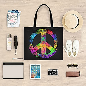ZzWwR Stylish Color Hippie Peace Sign Large Shoulder Tote Bag Lightweight Durable Handbags for School Gym Beach Weekender Pool Travel Hiking Yoga Nurse