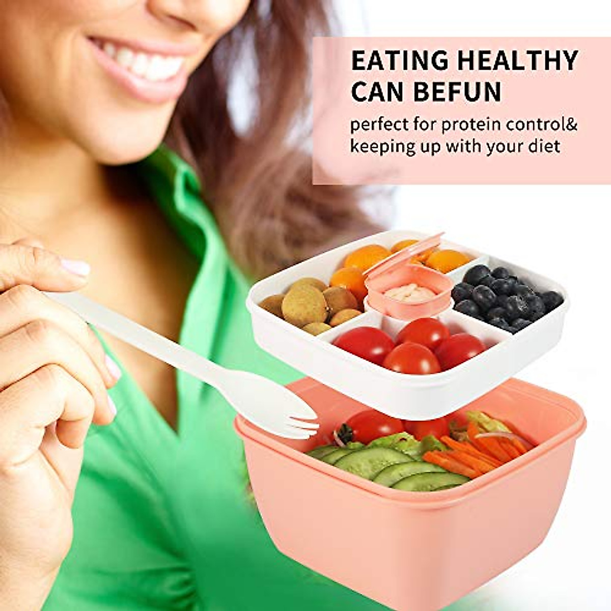 shopwithgreen 52 OZ to Go Salad Container Lunch Container, BPA-Free, 3-Compartment for Salad Toppings and Snacks, Salad Bowl with Dressing Container, Built-in Reusable spoon, Microwave Safe