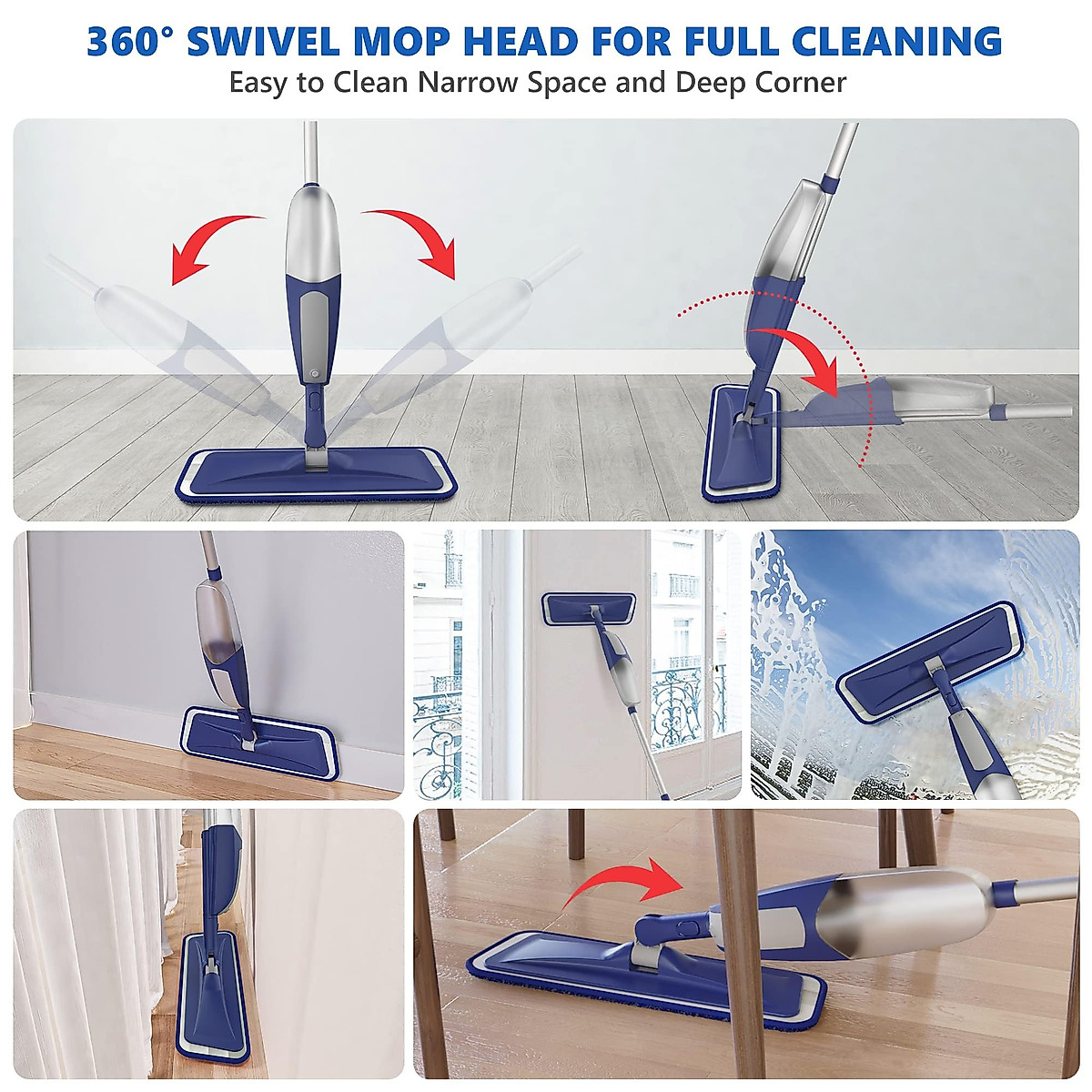 Spray Mops for Floor Cleaning - BPAWA Microfiber Spray Floor Mop Flat Dust Mop for Hardwood Laminate Tile Wood Kitchen Floors, Dry Wet Mop with Sprayer 2 x 550ML Bottles and 4 x Reusable Washable Pads