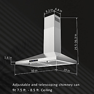 Range hood 30 Inch, Convertible Kitchen Wall Mount Range Hood in Stainless Steel with 500CFM, LED Lights, Stainless Steel Filters,Touch Control and Carbon Filters
