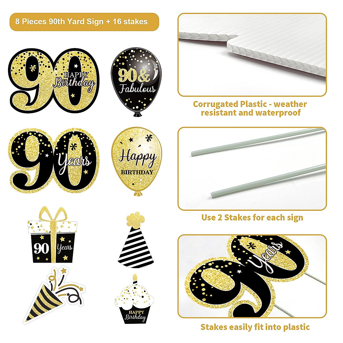 Happy 90th Birthday Yard Signs Set of 8, Black Gold 90th Birthday Decorations for Men, 90 Birthday Lawn Signs with Stakes and Outdoor Lawn Decorations