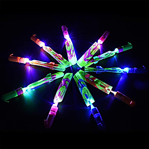 Rocket Slingshot Flying Toys with Led Lights - 12 Pcs Slingshot Toy for Kids, Summer Outdoor Game LED Slingshot with 12Pcs Launchers + 12Pcs Arrow Helicopters, Glow in The Dark Kids Party Supplies