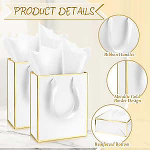 Yeaqee 50 Pack Metallic Paper Gift Bags with Handle and Tissue Paper Wedding Thank You Favor Bag for Bridal Shower Groomsmen 5 Senses Gift Bags for Her Him Birthday 9 x 7 x 3.15''(White and Gold)