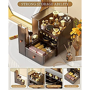 HAIXIN Makeup Organizer for Vanity, Cosmetic Storage Organizer with Brush Holder, Cosmetics Display Case with Drawer for Cosmetics, Lipsticks, Nail Care, Skincare Bedroom Bathroom Countertop