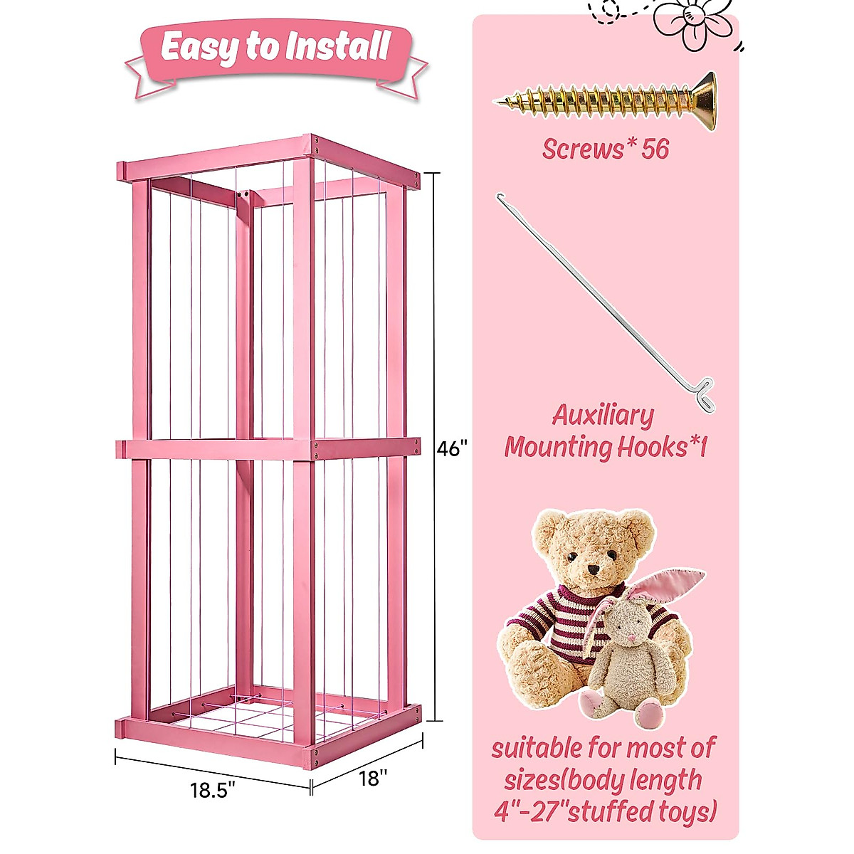 Feidyns Zoo Stuffed Animal Storage Wood, Extra Large Stuffed Animal Toy Zoo Storage Stuffed Animal Zoo Storage Holder Standing with Nets for Nursery Play Room Bedroom, Pink