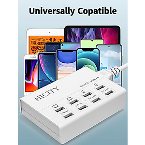 USB Charging Station, 8-Port USB Charger Hub 50W/10A Multi Port Charger for Phone iPad Tablet Multiple Devices (5ft Detachable Cord, White)