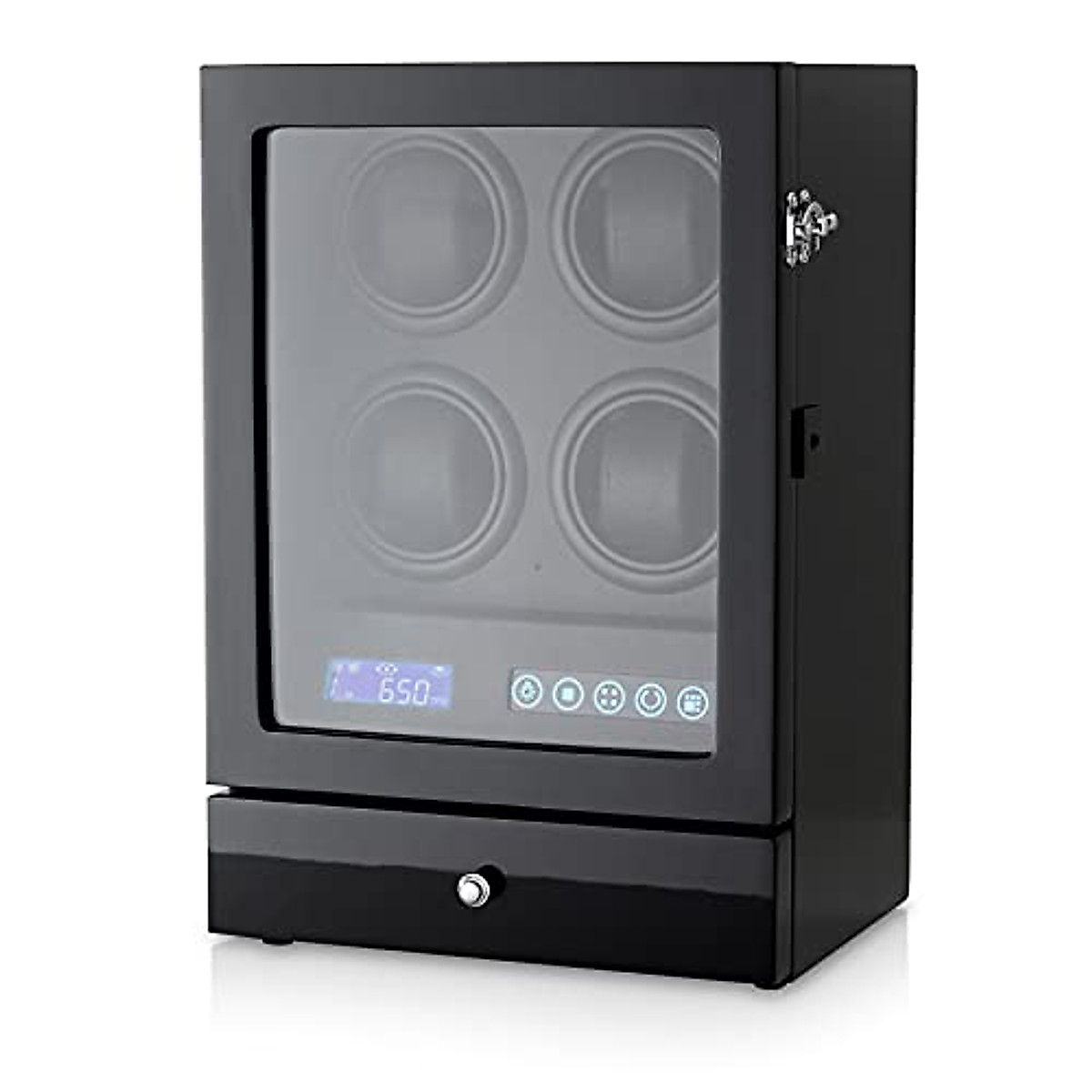 Automatic Watch Winder Box with Watches and Jewellery Storage Drawer, LED Backlight and LCD Touchscreen Control (Black + Black)