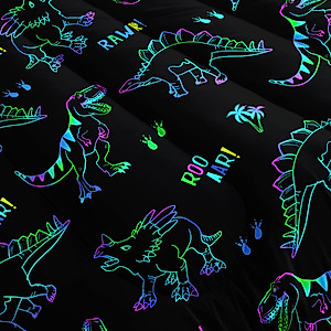 BailiPromise Trippy Dinosaur Comforter Set Twin Size for Boys Kids Quilt Set,Jurassic Bedding 3 Piece,Dino Duvet with Pillow Shames All Seasons Ultra-Soft Lightweight Breathable Black Dinosaur 1