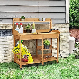 Yaheetech Potting Bench Outdoor Garden Work Bench Station Planting Solid Wood Construction w/Sink Drawer Rack Shelves Natural Wood