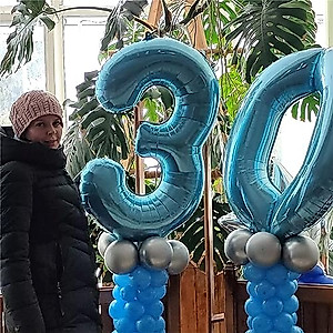 3rd Birthday Number Balloons for Kids, 40 Inch Foil Number 3 Balloons, Pastel Blue Large Self Inflating Number Balloons for Boys Men 30th Birthday Party Anniversary Party Decoration Supplies