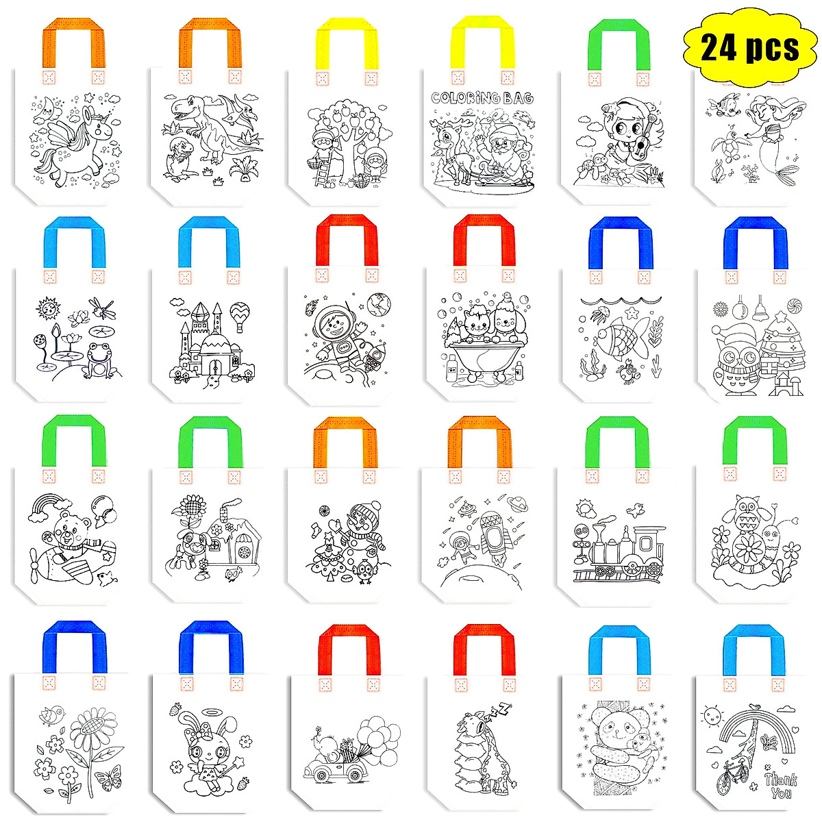 24 Pieces Cute Coloring Goodie Bags Birthday Reusable Party Favor Bags Cartoon Carnival Animals Craft Bags Color Your Own Bag for DIY Painting Birthday Party Gifts or Art Party Favors Supplies