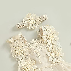 Princess Newborn Baby Girls Rompers Birthday Dress Mesh Elegant Sleeveless Jumpsuits Tulle Dress Headband Outfits (Apricot-Princess, 0-3 Months)