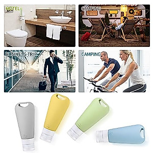 Sliner 4 Pieces Travel Bottles with Bag Labels Brush Hooks Funnel Silicone Refillable 3oz Travel Size Bottles Leak Proof Reusable Squeezable Empty Travel Containers for Toiletries Shampoo Conditioner