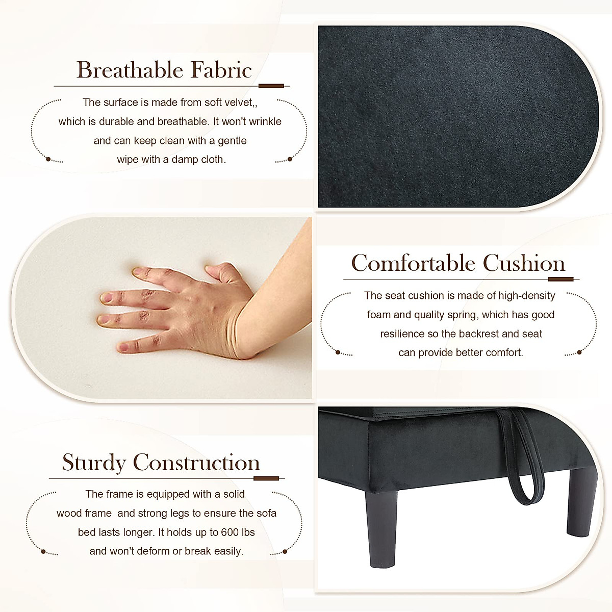 Modern Velvet Pull Out Sleeper Sofa Bed with Chaise, Comfy L Shaped Convertible Sleeper Couch with Storage and Pocket, Sectional 3 Seat Couch for Living Room Furniture or Office, Smooth Back - Black