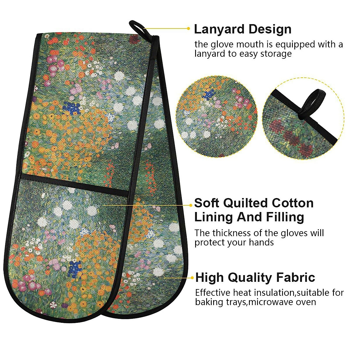 Double Oven Mitt, Gustav Klimt Flower Garden Heat Resistant Oven Gloves for Kitchen Cooking Baking, 35" x 7"