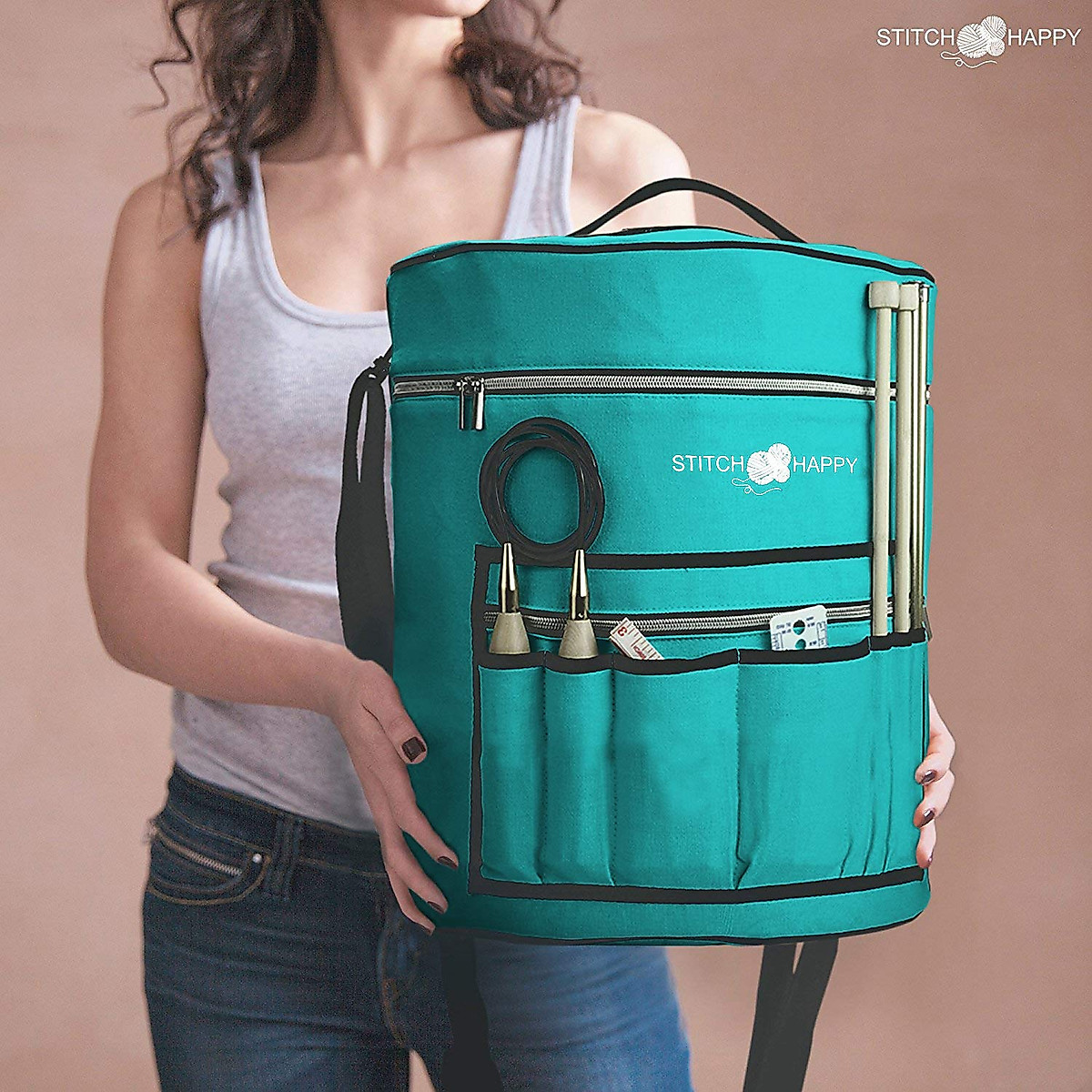 Stitch Happy XL Knitting Bag (Peacock) 7 Pocket Yarn Bag, Crochet Bag, Yarn Storage, Crochet Storage