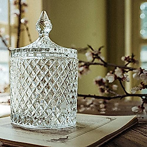 JIEQIJIAJU Glass Qtip Holder with Lid, Decorative Glass Apothecary Jar Crystal Canister Jar Bathroom Vanity Organizer for Q-tips, Cotton Ball & Swab, Cotton Pads, Hair Band, Candy Storage