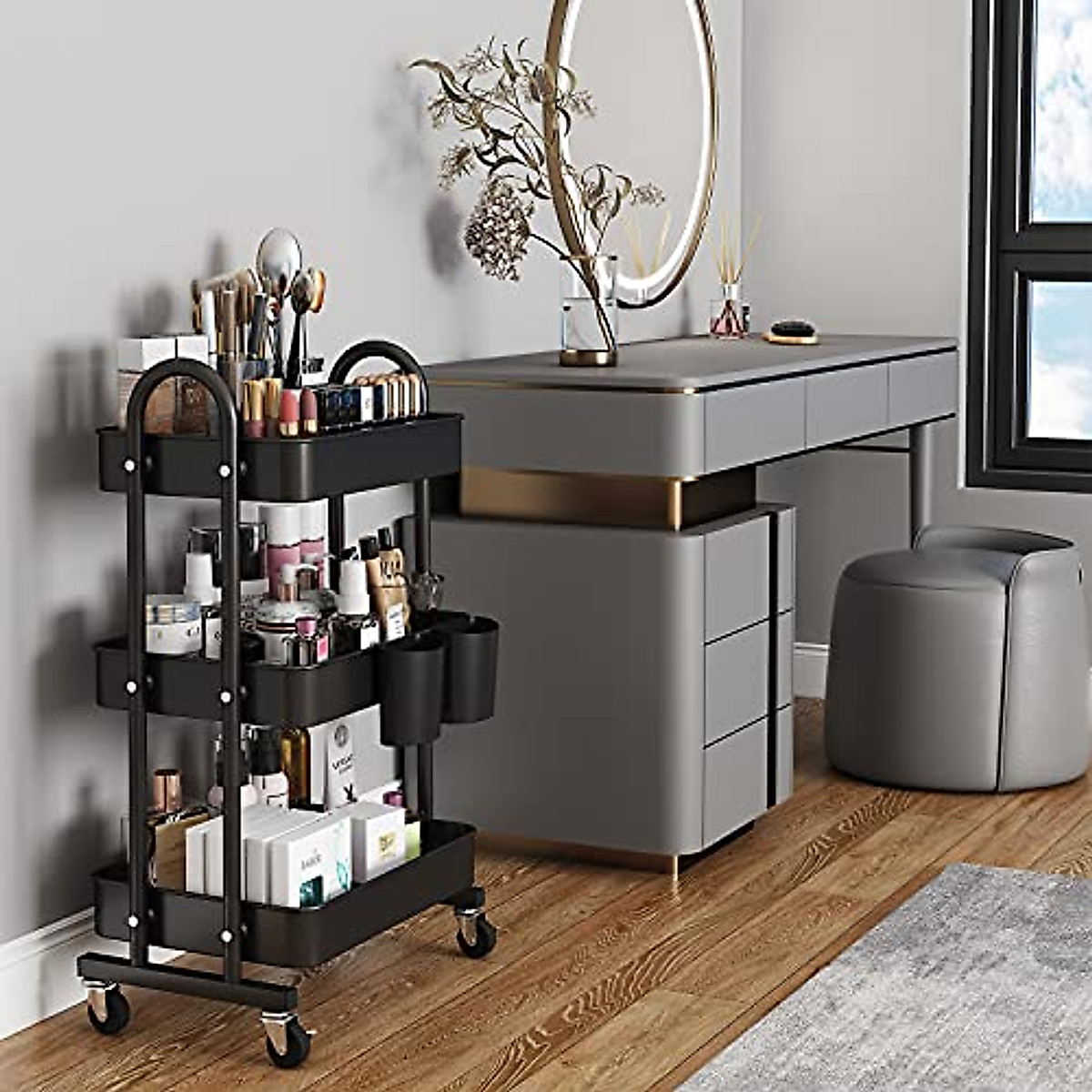 LEGUANG 3-Tier Rolling Utility Cart Storage Shelves Multifunction Storage Trolley Service Cart with Mesh Basket Handles and Wheels Easy Assembly for Bathroom, Kitchen, Office (Black)