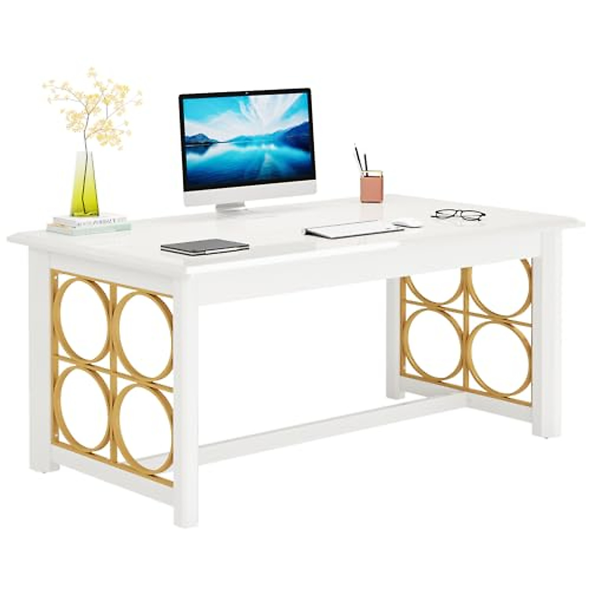 LITTLE TREE 63-inch White Executive Desk, Modern Office Desk with Stable Gold Metal Legs, Large Office Computer Desk, Home Office Business Furniture, Glossy White