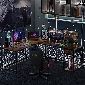 Furologee L Shaped Computer Desk with Drawer and Shelves, 59"Large Corner Desk with 2 Hooks, Gaming Desk Modern Office Desk Writing Study Table Workstation for Home Office, Space-Saving, Rustic Brown