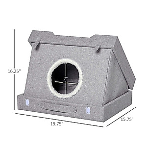 PawHut Cat House Foldable 2 in 1 Design Condo Pet Bed with Removable Washable Cushions Scratching Pad, Grey