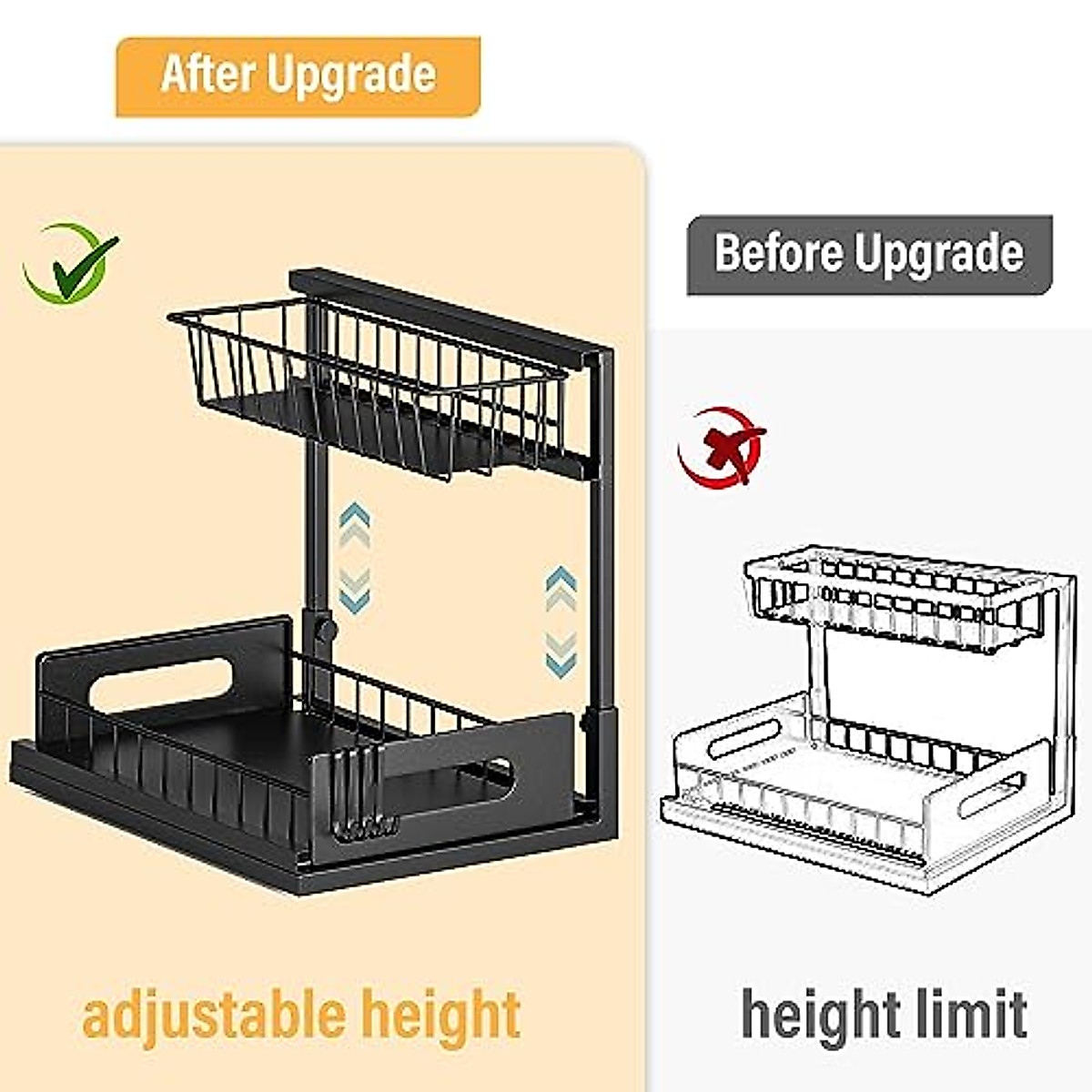Pennik Under Sink Organizer 2 Tier, Double Layers pullable Under Kitchen Sink organizer, L Shaped Slide Out Under Cabinet Storage