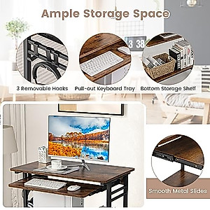 Tangkula Rolling Computer Desk Cart with Keyboard Tray, Mobile Portable Laptop PC Desk with CPU Stand & 3 Hooks for Sofa & Bed, Industrial Small Desk on Wheels for Small Spaces, Home Office Desk