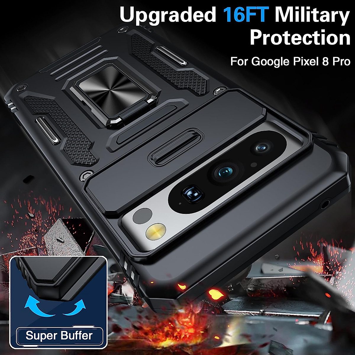 ANTSHARE for Google Pixel 8 Pro Case, [16 FT Military Grade Drop Protection], Slide Cover [Camera Protection] Heavy Duty Shockproof Phone Case for Pixel 8 Pro,Black