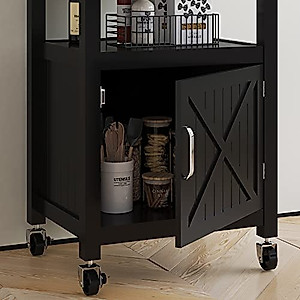 Rolling Kitchen Island Cart with Storage, Farmhouse Kitchen Cart on Wheels, Kitchen Cabinet with Barn Door and Drawer for Dining Room, Wood Top & Side Hooks, 36” H, Black