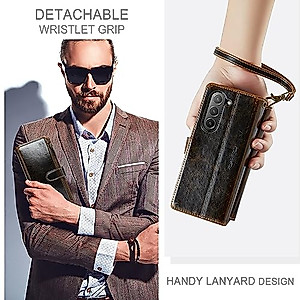 CaseMe for Samsung Galaxy Z Fold 5 Case with S Pen Holder, Z Fold 5 Wallet Case with Card Holder for Women Men, RFID Blocking Kickstand Zipper Shockproof Phone Case for Galaxy Fold 5, Luxury Coffee