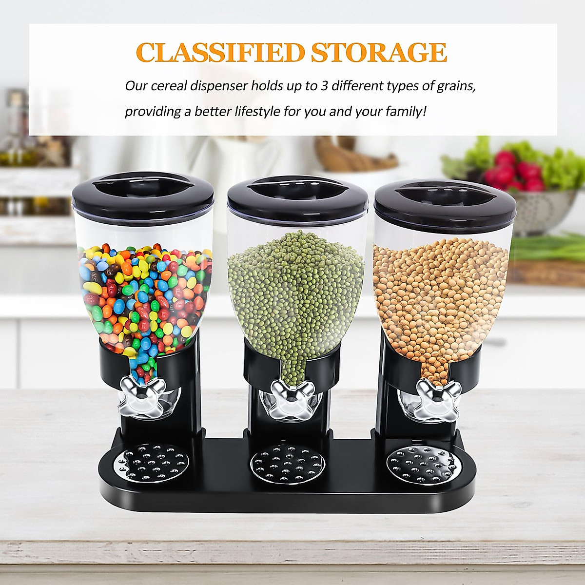 Hedday Triple Canister Cereal Dispenser, Plastic Dry Food Cereal Dispenser Container Machine Storage Bottles for Home and Kitchen(Black)