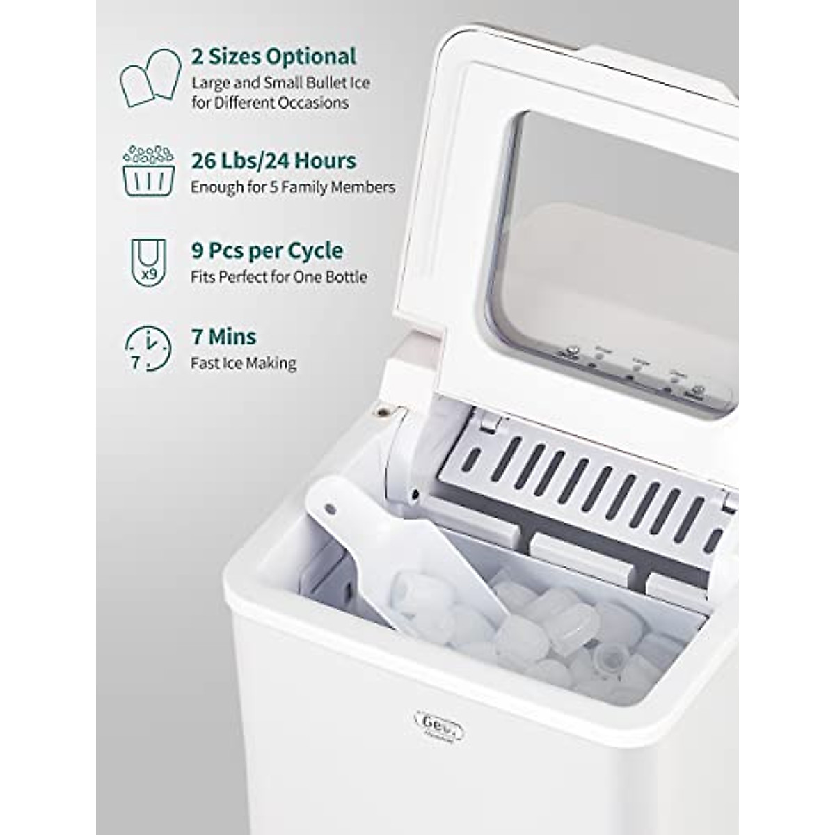 Gevi Household Countertop Ice Maker Machine, 2 Ice Sizes Optional, 9 Pcs in 6-8 Mins, 26Lbs/Day, Self Cleaning, Portable Compact Mini Icemaker with Ice Scoop and Basket for Home Party Kitchen (White)