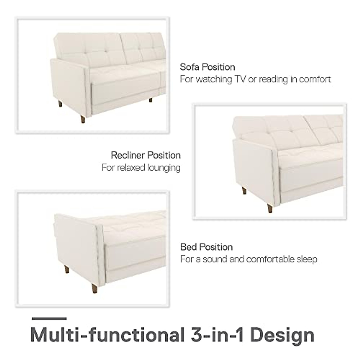 DHP Andora 76 Inch Futon Sofa Bed in Faux Leather, Modern Upholstered Couch Sleeper with Button Tufted Back and Seat, White