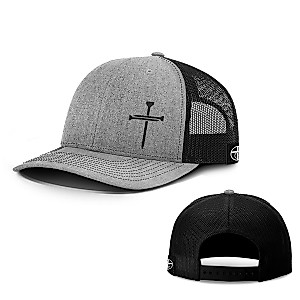 Nail Cross Christian Trucker Hat - Adjustable Fit Cotton Snapback Hat - Breathable Mesh Side for Casual Wear (Heather Front/Black Mesh)