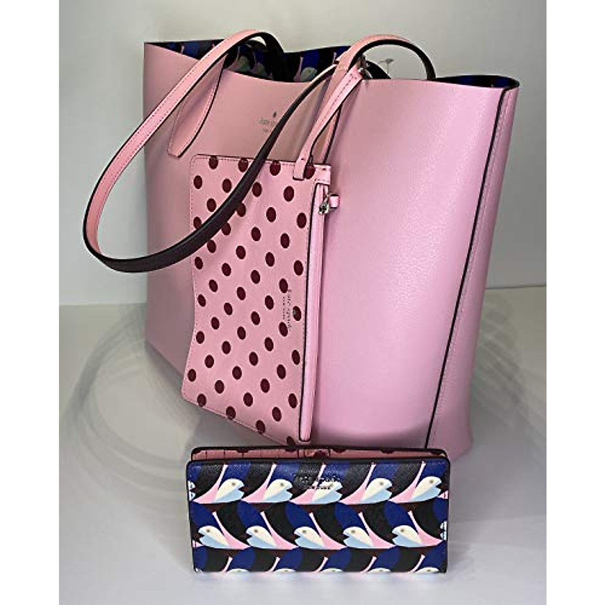 Kate Spade New York Arch Love Birds Large Reversible Tote bundled with matching Large Slim Bifold Wallet (Pink/Blue/Geo Birds)