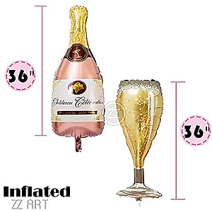 4 Pcs Champagne Bottles and Goblet Wine Glasses Large Mylar Foil Helium Balloons 36in, Pink & Golden pop Decoration for Party, Birthday celebration , Anniversary Graduation, family gathering, cheers!