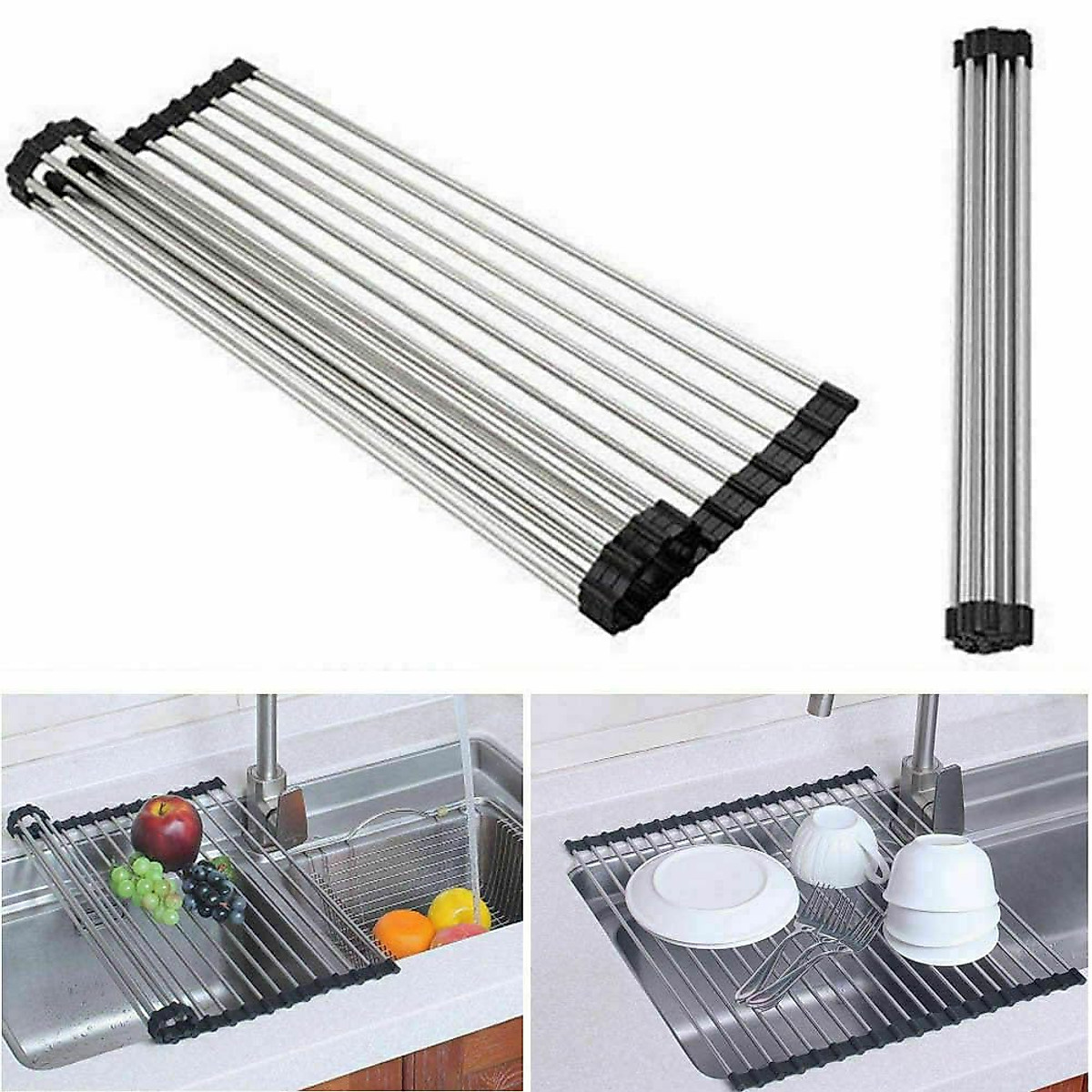 18x15 Roll up Sink Drying Rack Over The Sink Multipurpose roll-up Dish Drying Rack Kitchen Stainless Steel Sink Drain Rack Roll Up Dish Rack Food Drying Mat roll-up Dish Drying Rack