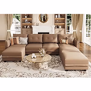 LLappuil Modular Sectional Sofa, Convertible U Shaped Couch with Storage, Faux Leather Fabric Waterproof Sectional Couch for Living Room, 111.8" Width, 7 Seat Modular Sofa, Cognac Brown