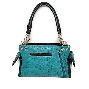 Western Tooled Leather/Laser Cut Bling Rhinestone Cross Wings Handbag Purse and Wallets in 5 Colors (Black Red Handbag)