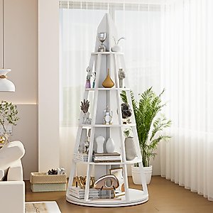HPWLYO 5 Tier Rotating Book Shelf, 71 inch Spinning Bookshelf Tower, 360 Display Wood Standing Storage Rack,Revolving Corner Bookshelf for Bedroom,Study Room Black (White)
