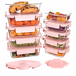 HAKEEMI Glass Meal Prep Containers 10 Pack, Glass Food Storage Containers with Snap Locking Lids Airtight Built in Air Vents, Glass Containers for Lunch, Microwave/Dishwasher Safe, Pink