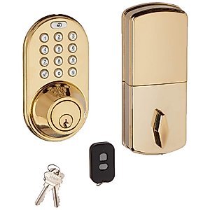 MiLocks XF-02P Digital Deadbolt Door Lock with Keyless Entry via Remote Control and Keypad Code for Exterior Doors, Polished Brass