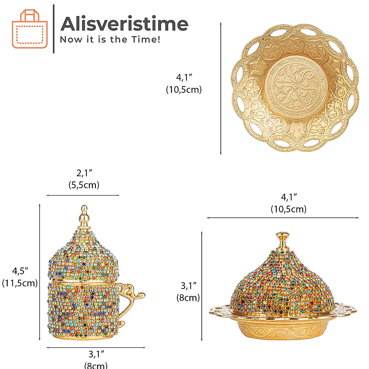 Alisveristime Crystal Embellished Turkish Coffee Set – 27 Pieces – Decorative Zamac Espresso Cups, Saucers and Sugar Bowl with Tray – Available in Three Color Variations (Multi)