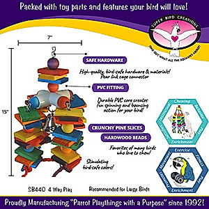 Super Bird Creations SB440 4 Way Play Bird Toy with Colorful Wooden Blocks & Ringing Bell, Large Bird Size, 15” x 7” x 7”