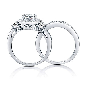 BERRICLE Sterling Silver Halo Wedding Engagement Rings Round Cubic Zirconia CZ Art Deco Ring Set for Women, Rhodium Plated Size 7.5