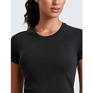 CRZ YOGA Seamless Workout Tops for Women Short Sleeve Athletic Tees Breathable Gym Running Yoga Shirts Black Medium